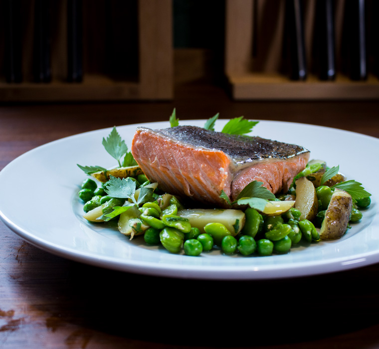 Poached Sea Trout and Seasonal Vegetables - Farrington Oils