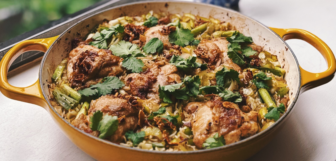 Chicken and spring onion rice with crispy shallot and chilli oil ...